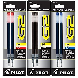 Pilot G2 Gel Ink Refill, 2-Pack for Rolling Ball Pens, Fine, Black, Red, & Blue