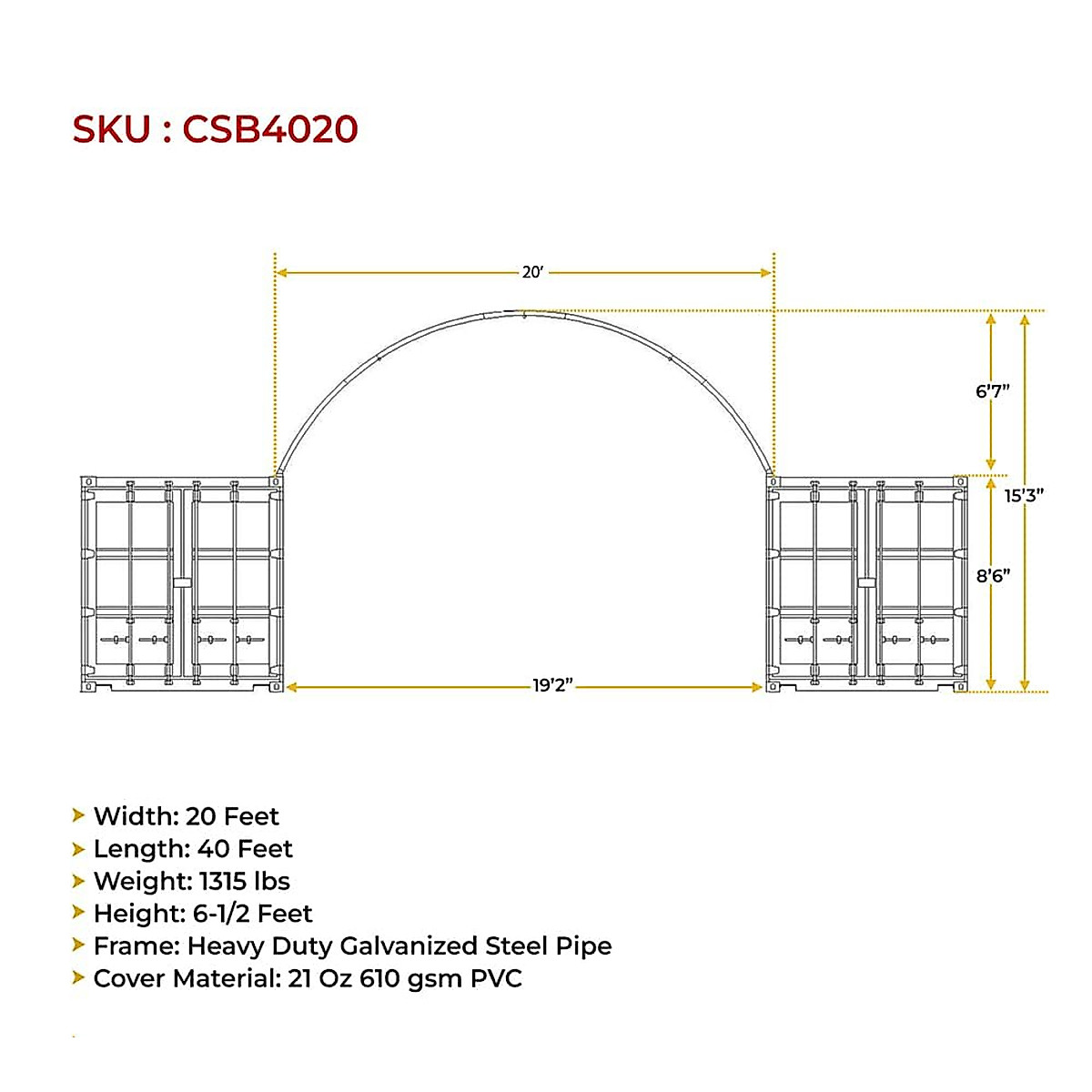 Mytee Products 40'(L) x 20'(W) Shipping Container Canopy Shelter - 21 Oz 610 GSM PVC White Cover Storage Container Roof with No End Walls - Durable & Weather-Resistant
