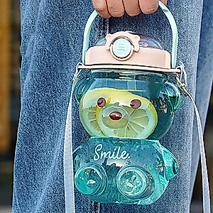 Bear Straw Bottle,Portable Large Capacity Bear Water Bottle with Strap and Straw,Cute Bear Shaped Water Bottle Adjustable Removable Strap for Girls School Outdoor Travel (blue-47oz)