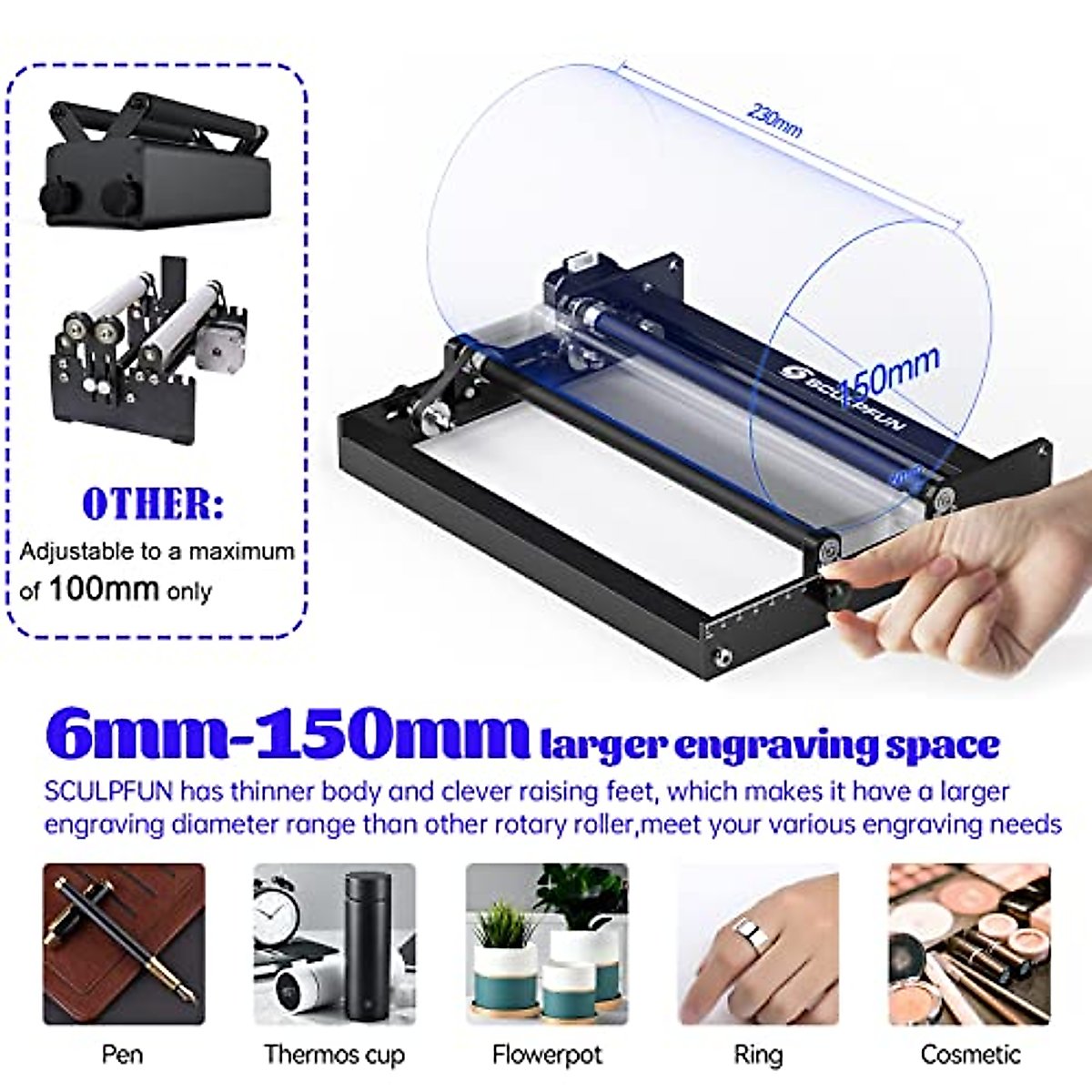 SCULPFUN Laser Rotary Roller, Laser Engraver Y-axis Rotary Module, 360° Laser Rotary Attachment for Engraving Cylindrical Objects Cans, Compatible with Most Laser Engraving Machines on The Market