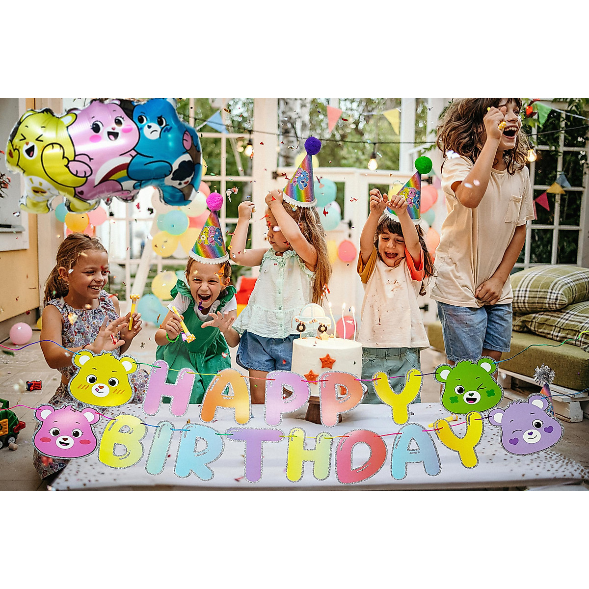 Care Bears Birthday Decorations 31pc Happy Birthday Room Decorations Original Care Bears Party Supplies: Party Hats Birthday Banners Balloons Rainbow Party Favor Baby Shower Gender Reveal Decor 3+
