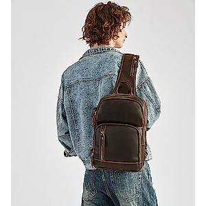 LANNSYNE Full Grain Leather Sling Bag For Men Crossbody Chest Daypack fits 12.9" iPad