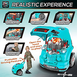 Qaba Kids Truck Engine Toy, Kids Mechanic Car Repair Set, Engine Disassembly Play Workshop, Includes 61 Pieces, Steering Wheel, Horn, Light for 3-5 Years Old, Teal