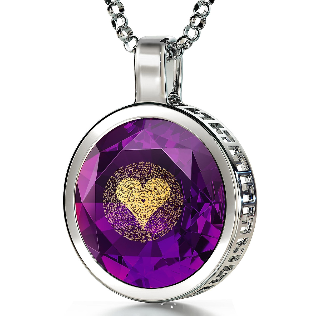 NanoStyle 925 Sterling Silver I Love You Necklace Pure Gold Inscribed in 120 Languages Including on Round Cut Dark Purple Cubic Zirconia Gemstone Anniversary Birthday Gift Pendant for Wife, 18" Chain