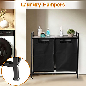 Rengue Laundry Sorter 2 Section, Laundry Hamper with Wood Table Top and 2 Pull-Out Baskets Clothes Hamper for Laundry Storage Organization Waterproof Oxford Laundry Basket 3 X 12 Gal/46L