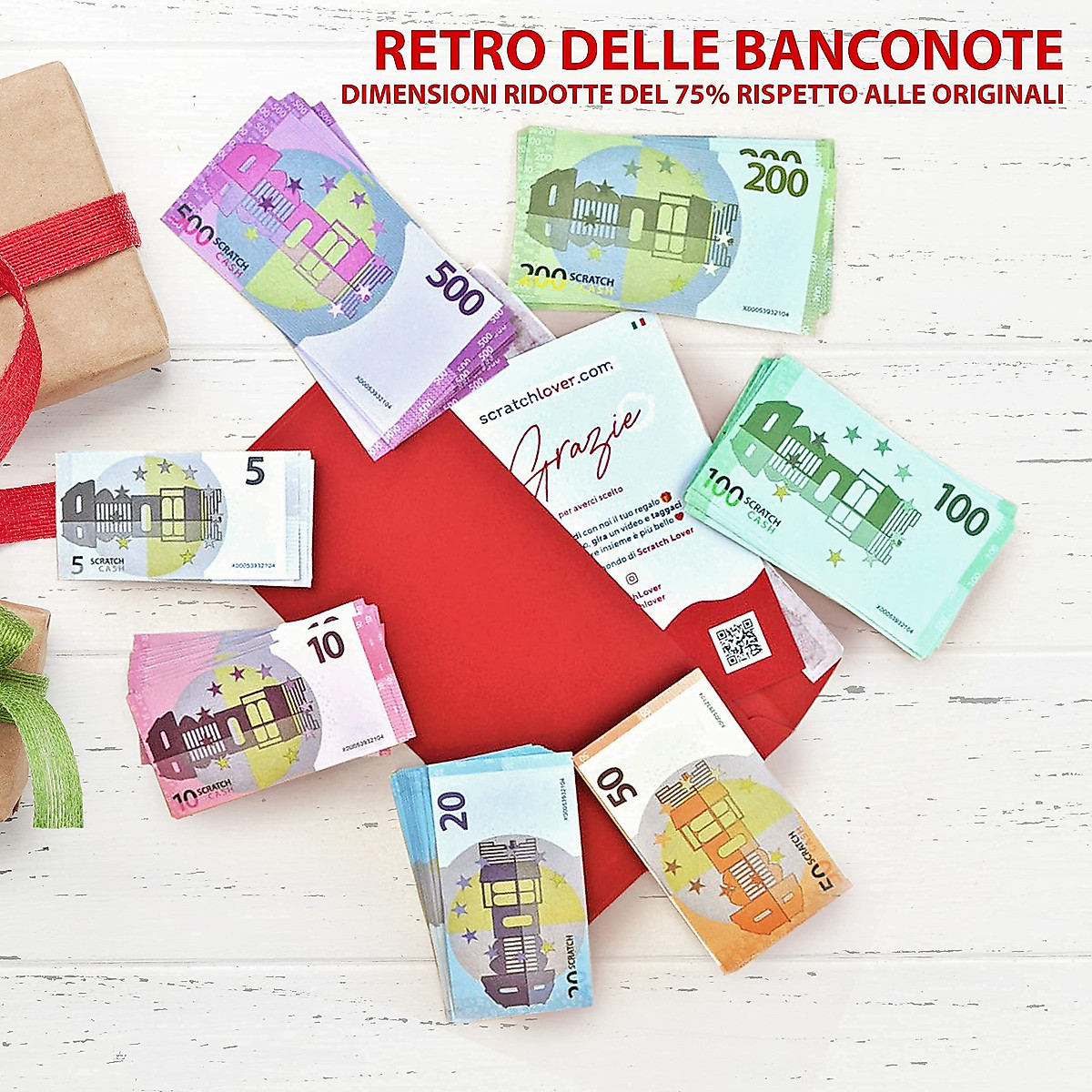 Scratch Cash Bundle Money to Play (Size Reduced to 75% Compared to The Real Ones) 175 Banknotes - 7 Stacks of Euro 25 x € 5, 10, 20, 50, 100, 200 and 500