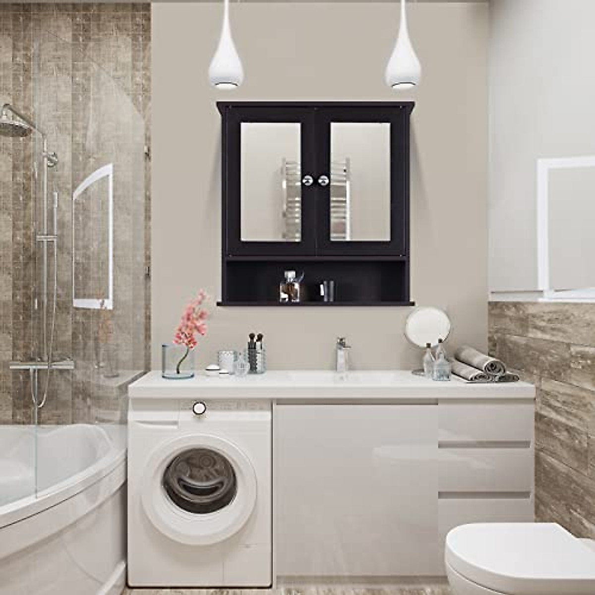 PHI VILLA Bathroom Medicine Cabinet with Mirror Wall Mounted Storage Cabinet with Double Mirrored Doors and Adjustable Shelf for Bathroom Living Room Furniture, Coffee