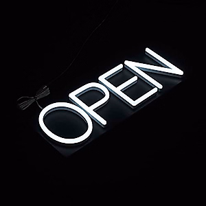 HiNeon White Neon Open Sign 20inx7in LED Open Sign w/Remote Controller, Electric Light Up Open Sign for Business Store, w/Hanging Chain for Shop Windows, Direct Plug-In w/ 12V Power Adapter