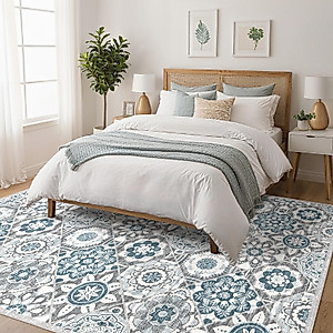 Micgeek 5X8 Area Rugs for Living Room - Washable Large Bohemian Low Pile Stain Resistant Floral Rug Soft Non Slip Neutral Indoor Floor Rugs for Bedroom Kitchen Dining Room Home Office,Grey/Blue