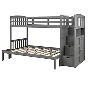 SOFTSEA Twin Over Twin/Full Bunk Bed with Staircase and Cabinet Wooden Bunk Bed Convertible into 2 Beds with Drawers for Kids