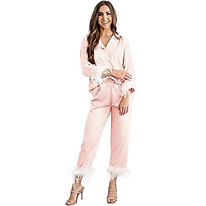 Belle's Design Women's Feather Trim Silk Satin Pajama Button Down Long Sleeve and Pants Set Sleepwear Loungewear S To XXL (Blush, Small)
