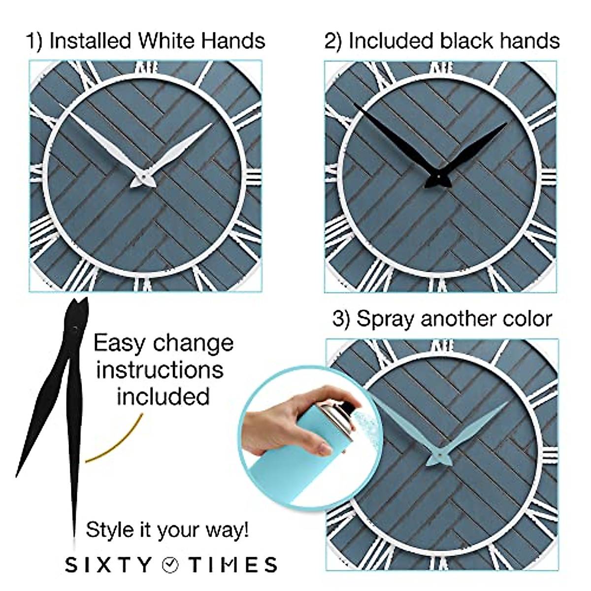 Sixty Times Hamptons - - Wall Clock 24 Inch - - Silent - - Metal & Wood - - Rustic Ocean Blue & White