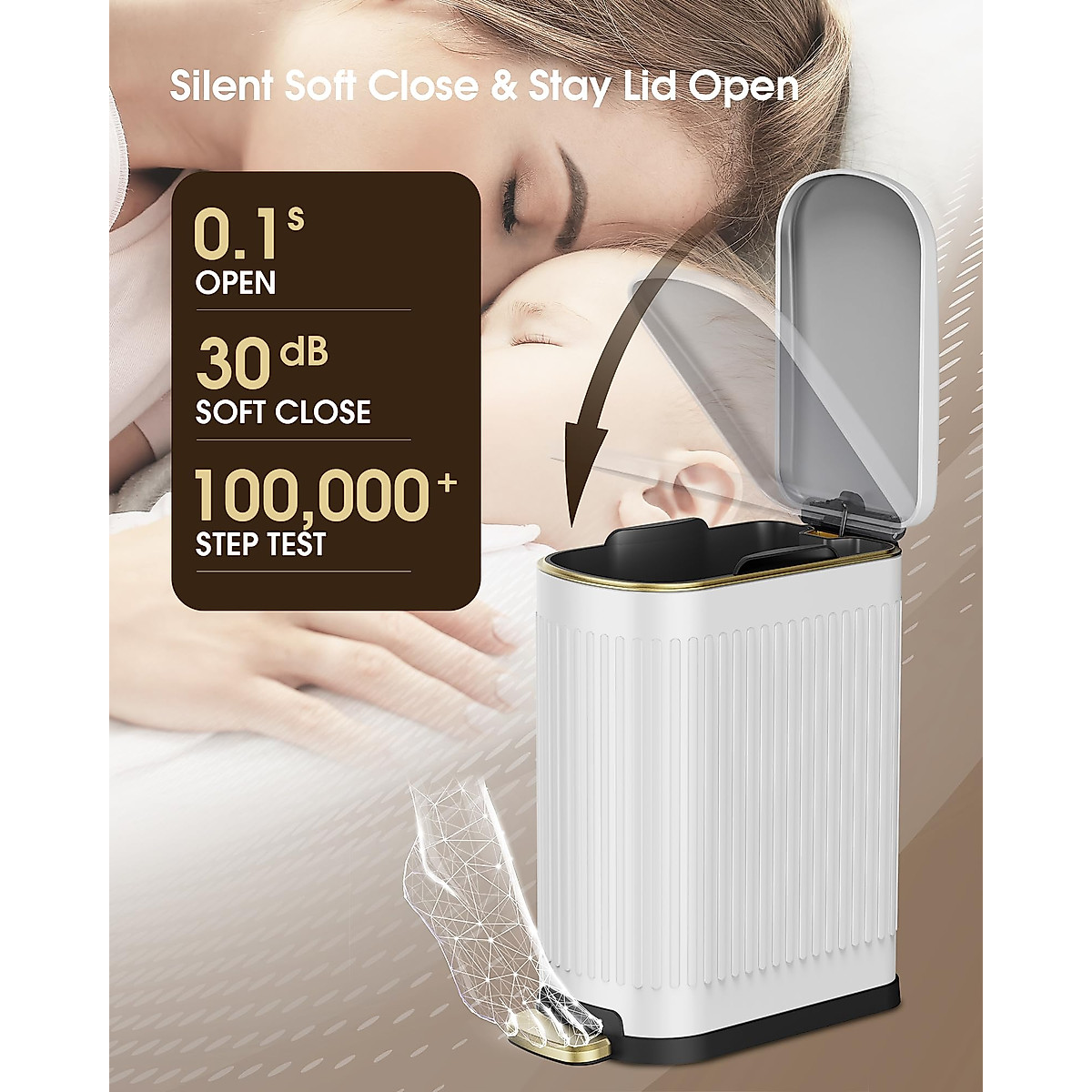 CEROELDA White Bathroom Trash Can with Lid-10L/2.6 Gallon Stainless Steel Step Slim Garbage Can-Rectangle Pedal Trash Bin for Narrow Office, Kitchen, Bedroom, Toilet-Soft Close (B-White/2.6 Gallon)