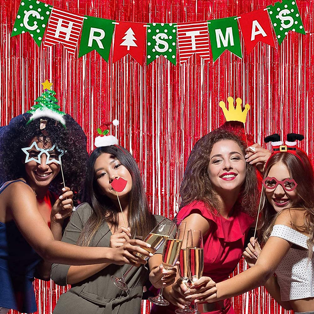 2PCS Red Foil Fringe Curtain Backdrop, 8ft Sparkle Tinsel Metallic Curtains for Birthday Party Wedding Graduation Photo Booth Backdrop Valentines Christmas Halloween Disco Party Decorations