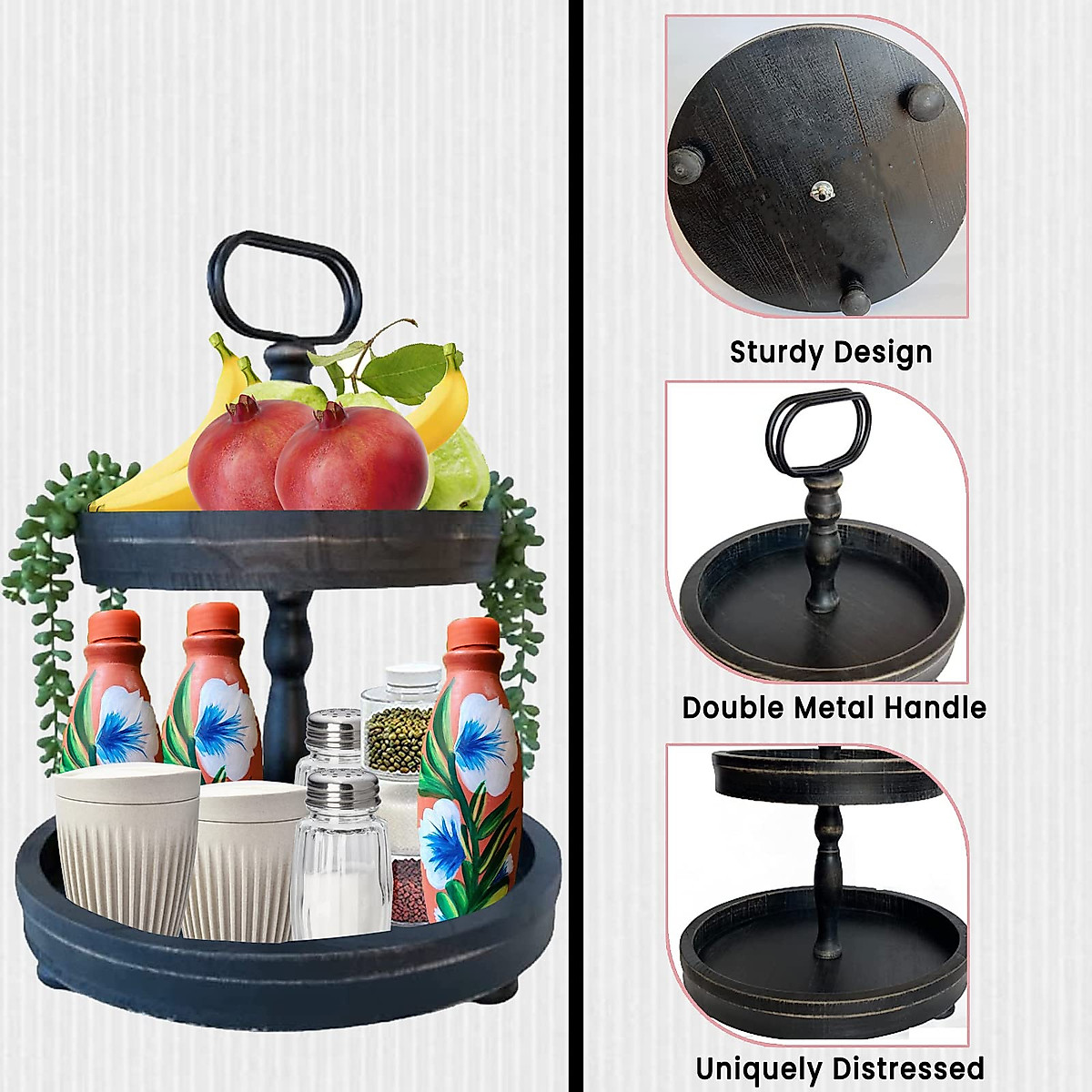 DECORIO Beautiful Tiered Tray Black Slighly Distressed, Two Tiered Wood Decorative Tray - Tiered Tray Stand - Two Tier Tray Tiered Tray Decor - 2 Tier Tray Tiered Serving Tray - Spring Decor 17"