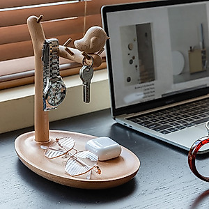 Nbcymg Wood Key Holder Jewelry Catchall Tray for Entryway Tabletop Key Stand Hanging Organizer with 8 Brass Tone Hooks