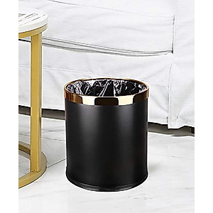 10Liter/2.64 Gallon Metal Trash Can with Faux Leather,Double-Layer Dustbin Without Cover Garbage Bin for for Bathroom Office Bedroom Living Room Kitchen (Gold Circle, Black)