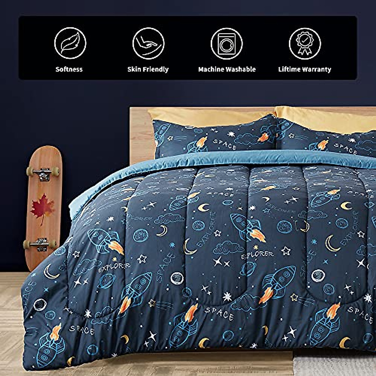 SLEEP ZONE Kids Twin Bedding Comforter Set - Super Cute & Soft Kids Bedding 5 Pieces Set with Comforter, Sheet, Pillowcase & Sham (Space Rocket)