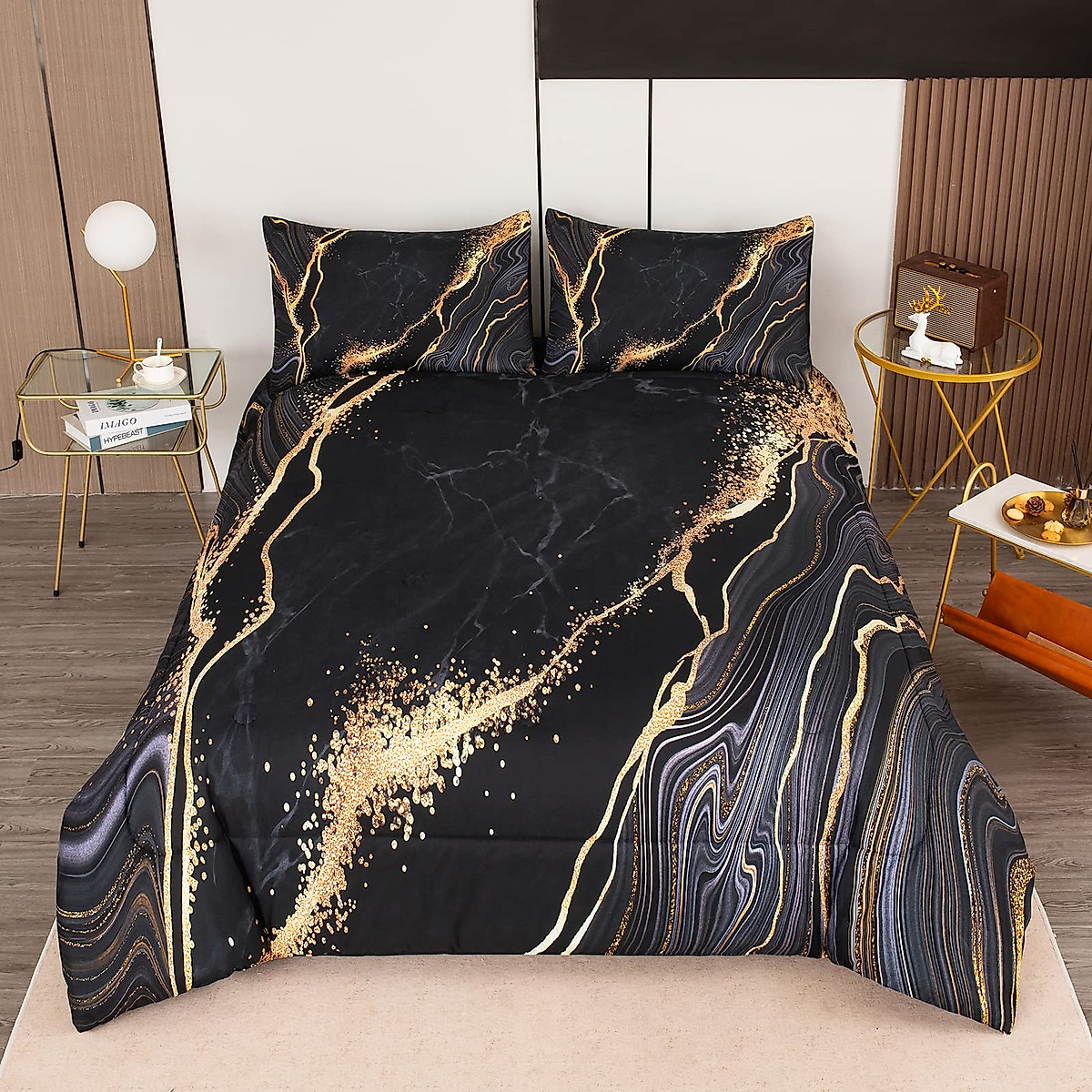 Tailor Shop Marble Bedding Set Soft Microfiber Black and Gold Comforter Set Queen Size for Kids Men and Women with 1 Marble Comforter and 2 Pillowcases…