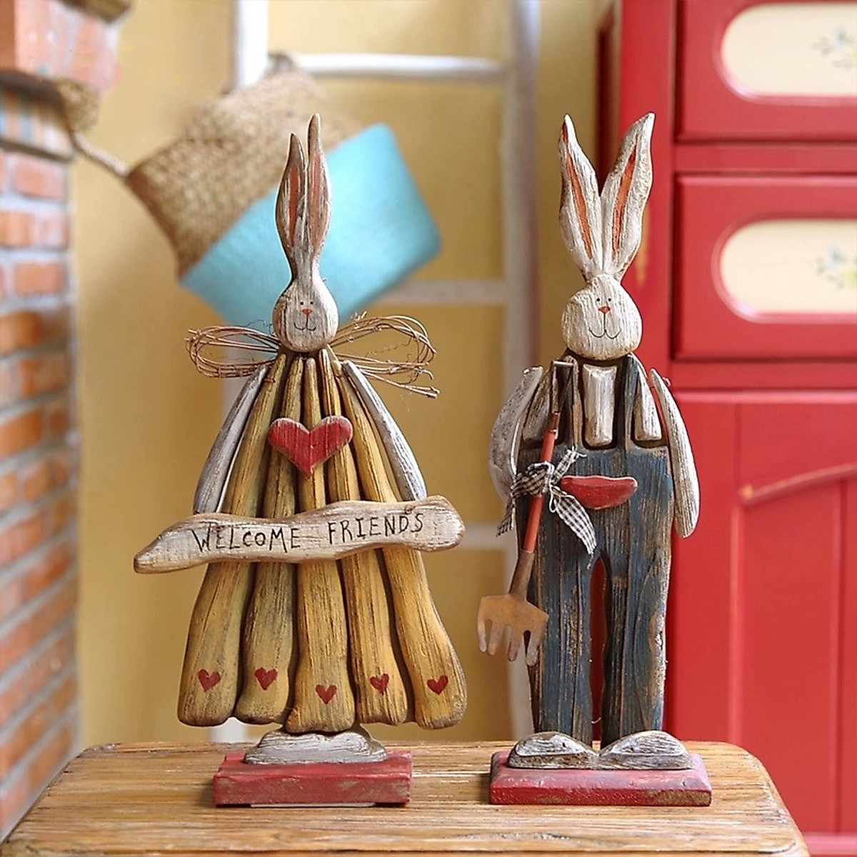 HANTURE 2pcs Easter Wood Bunny Tabletop Ornaments Farmhouse 15 Inch Cute Rabbit Couple Figuri Brownyellow
