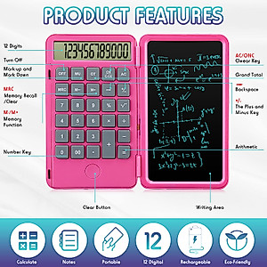 Hion Calculators,12-Digit Large Display Rechargeable Pocket Office Desktop Calculator with Erasable Wiriting Tablet,Mute Basic Desk Calculators with Doodle Pad for Student Home School,Pink