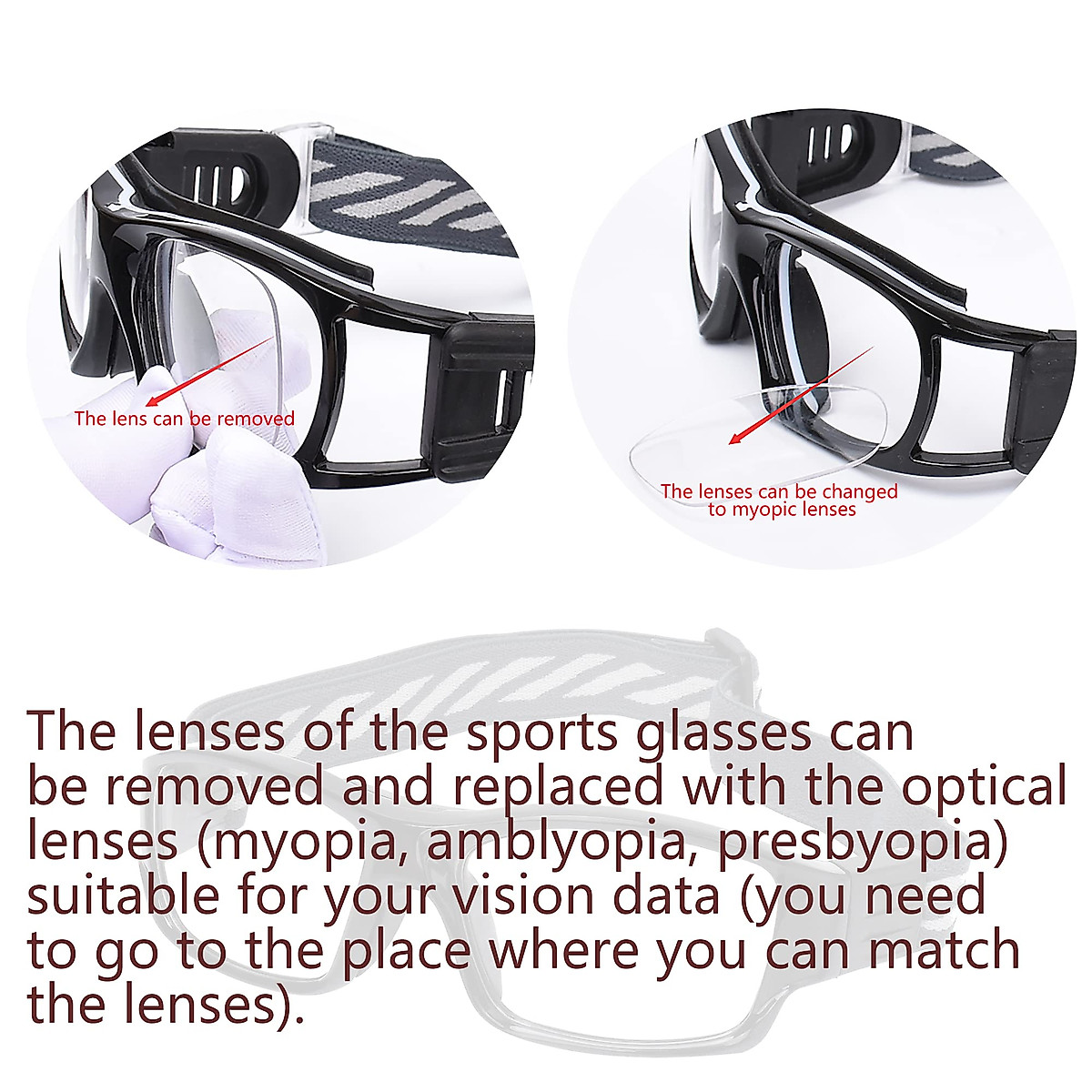 SooGree Sport Glasses Goggles Basketball Soccer Football Sports Protective Eyewear Goggles Anti Collision Safety Glasses-Replaceable Prescription Lens (8031 Black Frame Black Pad)