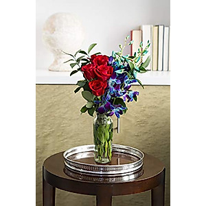 KaBloom Sapphire Red Bouquet of Fresh Red Roses and Exotic Blue Orchids with Vase