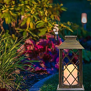 WALLFIA Hanging Solar Lights Outdoor Portable Metal Garden Hanging Lanterns ,Waterproof LED Flickering Flameless Candle Mission Lights for Table Outdoor,Party Decorative (Green, 1PC)