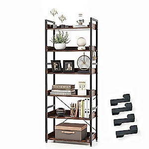 Giantex Industrial 6-Tier Bookshelf, 70" Tall Freestanding Storage Display Shelf with 4 Hooks, Anti-Tipping Device, Adjustable Foot Pads, Wooden Floor Open Display Shelving, Bookcase Shelf Rack