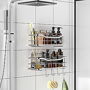 EAGMAK Shower Caddy with Hooks of 4, No Drilling Adhesive Shower Shelf Wall Mounted Shampoo Holder, SUS304 Stainless Steel Shower Storage Organizer for Bathroom, Toilet and Kitchen- 2 Pack (Silver)