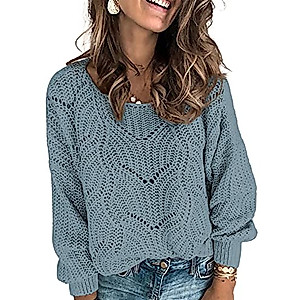 Dokotoo Womens Ladies Cute Fashion Casual Loose Winter Fall 2023 Color Block Hollow Out Chunky Cable Knit V Neck Long Sleeve Sweaters Pullover Dusty Blue Large