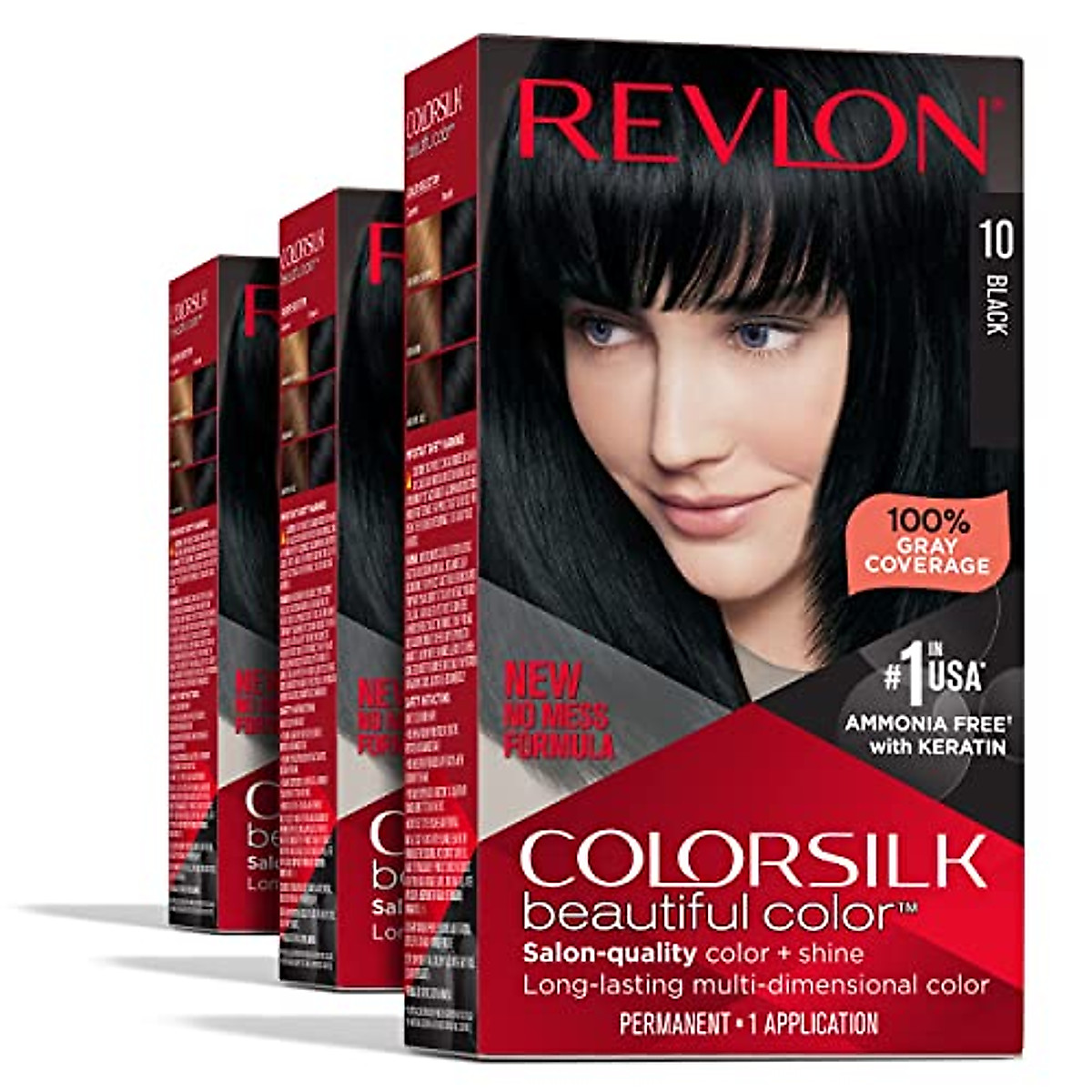 Permanent Hair Color by Revlon, Permanent Black Hair Dye, Colorsilk with 100% Gray Coverage, Ammonia-Free, Keratin and Amino Acids, Black Shades, 10 Black (Pack of 3)