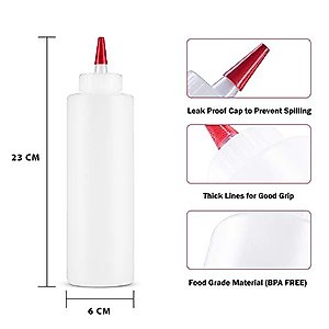 BOTTLIFY 16oz Squeeze Bottles with Red Cap-Pack of 2 Wide Mouth, Leak Proof Refillable Condiment Container for Kitchen Use