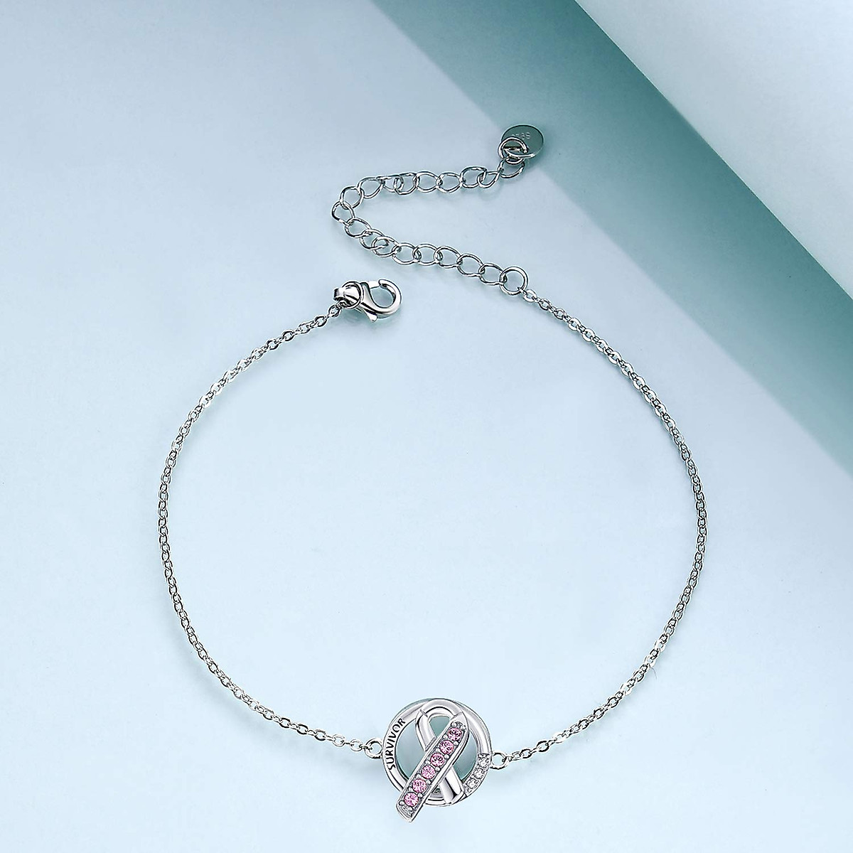AOBOCO Breast Cancer Gifts for Women, Sterling Silver Cancer Awareness Bracelet, Pink Ribbon Jewelry with Austrian Crystal