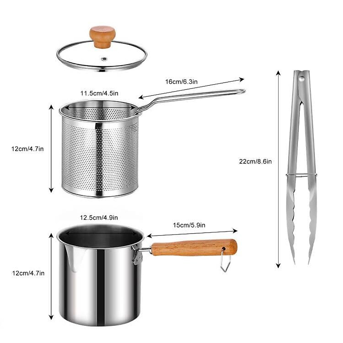 Small Deep Fryer Pot with Basket, Mini Fryer and Soup Pot with Tongs and Lid for 1-2 People, Works on Gas or Induction Burner, Dishwasher Safe, 1.3-Quart