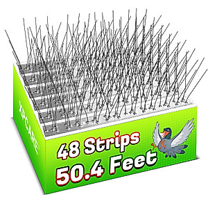 XPCARE 50.4 Feet Bird Spikes, Stainless Steel Bird Spikes Fence Spikes for Crow Robin Pigeon Squirrel Raccoon Defender Spikes (48 Packs Uninstalled)