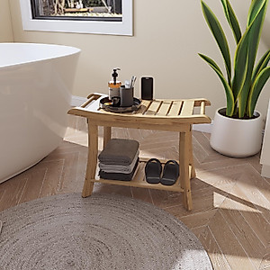 SHANGYIREN Bamboo Shower Bench Stool with Storage Shelf Waterproof Shower Chair with Wheels Spa Bath Seat Excellent for Indoor Natural