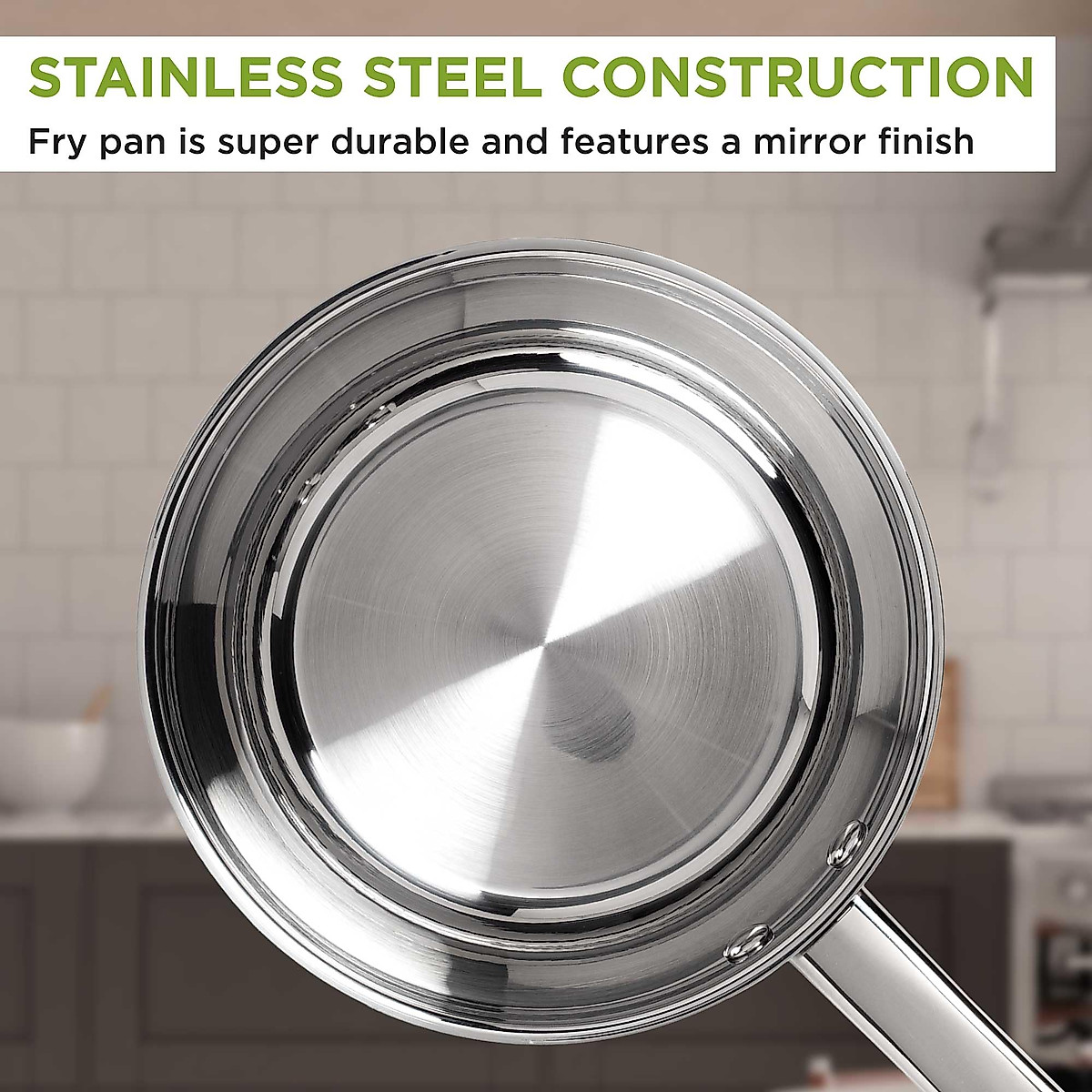 Ecolution Classic Stainless Steel Fry Pan, Professional Quality Sauté, Encapsulated Base, Comfort Grip Riveted Handles, All Cooktop Safe, Oven Safe, Dishwasher Safe, 8-Inch