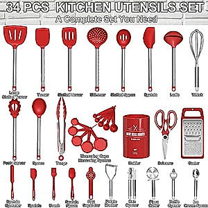 Kitchen Utensils Set- Umite Chef 34 PCs Cooking Utensils with Grater, Spoon Spatula, Heat Resistant Food Grade Silicone, Stainless Steel Handles Kitchen Gadgets Tools Set for Nonstick Cookware(Red)
