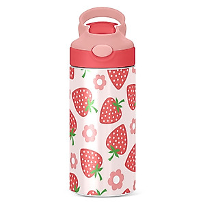 Children Insulated Water Bottles with Straw for School Kids Strawberry Cute Pink Stainless Steel Vacuum Double Wall Keeps Hot and Cold with Handles