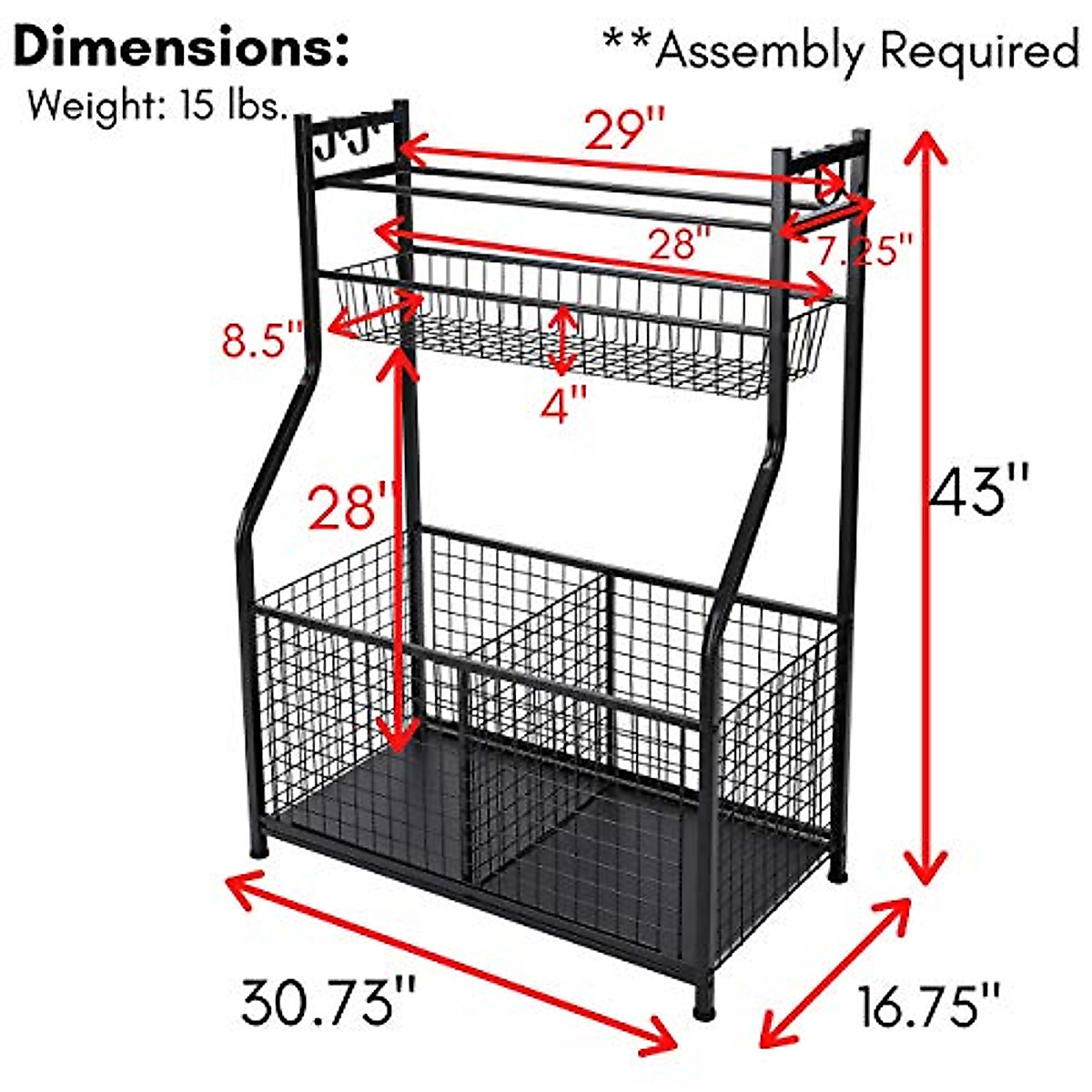 BirdRock Home Sports Equipment Ball Storage Rack for Garage - Baseball, Tennis, Football, Gym and Basketball Gear Organizer - Rack - Wide Bin Basket - 4 Hooks - Tools Garden Shovels Rack - Indoor