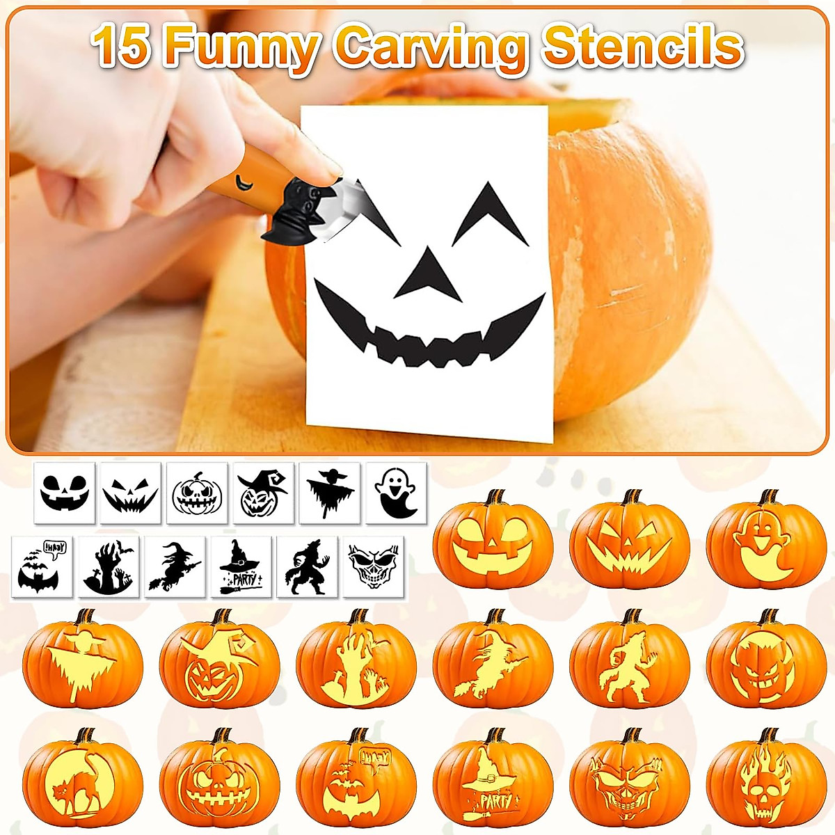 XINYA BAO 28 PCS Pumpkin Carving Kit Tools Halloween Professional Heavy Duty Stainless Steel Carve Knife Set with LED Candle Lights, Stencils, Storage Bag, Gifts & Adults DIY Lantern Decorating.