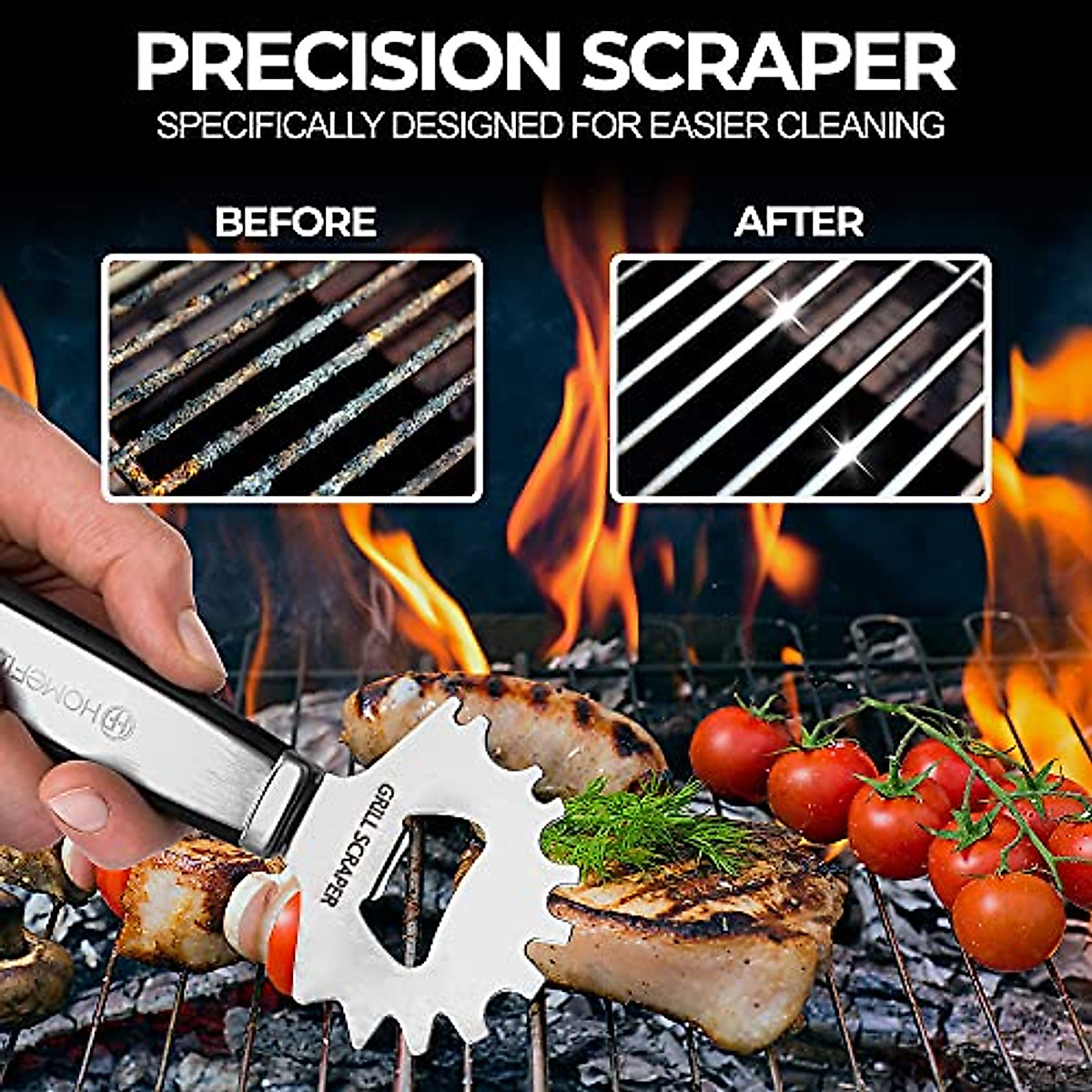 Homeflowz Grill Scraper - Bristle Free Grill Grate Scraper - Fits Any BBQ Grilling Grate or Griddle - Grill Scraper Tool with Bottle Opener - Premium Stainless Steel Grill Scraper