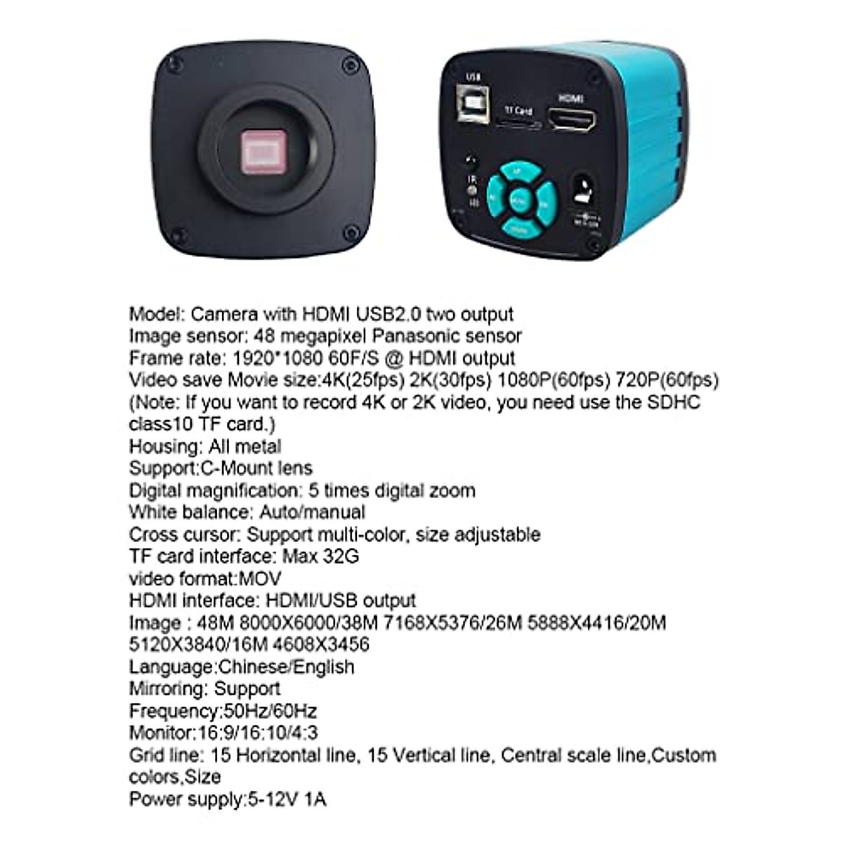 48MP 4K 1080P HDMI USB HD Industrial Video Digital Microscope Camera C Mount Lens LED Ring Light Electronics Soldering Repair (20-130x)