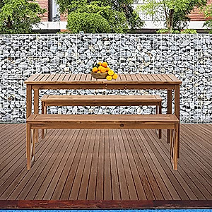 PayLessHere 3 Piece Acacia Wood Outdoor Dining Table and Bench Set Patio Bench Dining Table Outdoor Wooden Table & Bench Set for Backyard,Patio,Garden Outdoor Lounge Furniture,Nature
