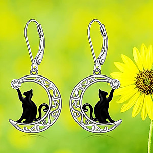 Black Cat Earrings For Women Sterling Silver 925 Kitty Cat Moon Earrings Dangle Jewelry Hypoallergenic Leverback Cute Valentines Christmas Gifts