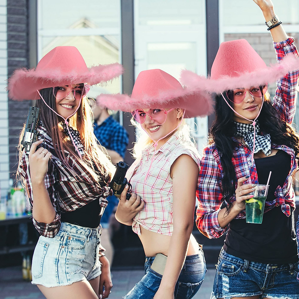 Rcanedny 4 Pieces Cowboy Hat with 4 Pairs Heart Shaped Sunglasses Cowgirl Hats for Girls Women Halloween Costume Party