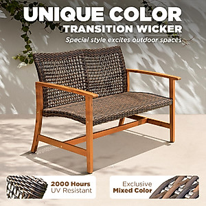 IDZO Harmonie 800lbs Capacity Outdoor Loveseat Furniture, FSC Certified Acacia Patio Sofa with Upgraded 2000 Hours UV Resistant Wicker, Teak Finish Porch Couch