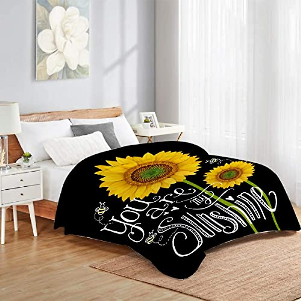 Sunflower You Are My Sunshine Blanket Lightweight Flannel Fleece Healing Inspirational Message Throw Blankets Cozy Plush Microfiber All-Season Blanket for Bed/Couch/Sofa -Twin 80x60 Inch L