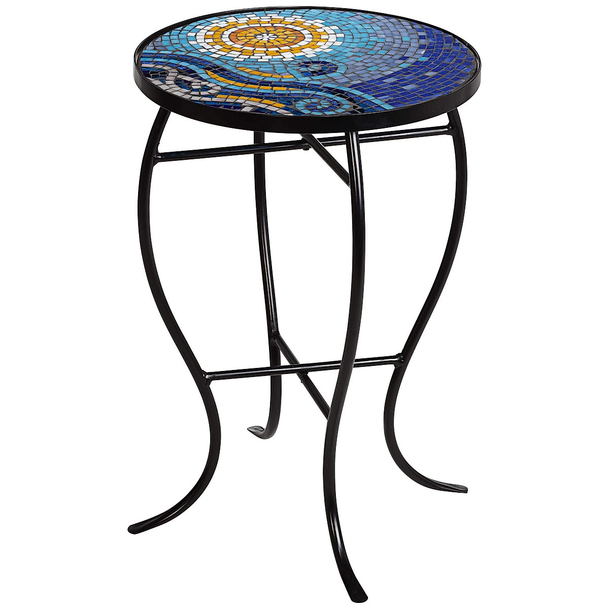 Teal Island Designs Ocean Modern Black Metal Round Outdoor Accent Side Table 14" Wide Blue Mosaic Tile Tabletop Gracefully Curved Legs Front Porch Patio Home House Balcony Deck Shed Yard